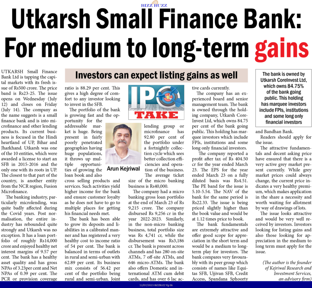 Utkarsh Small Finance Bank For medium to long-term gains | IPO News ...